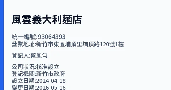 風雲義大利麵店的照片-統編 93064393(新竹市) 公司登記資料與營業項目詳細圖表