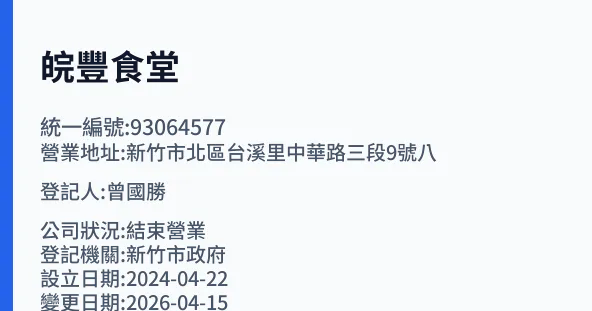 皖豐食堂的照片-統編 93064577(新竹市) 公司登記資料與營業項目詳細圖表