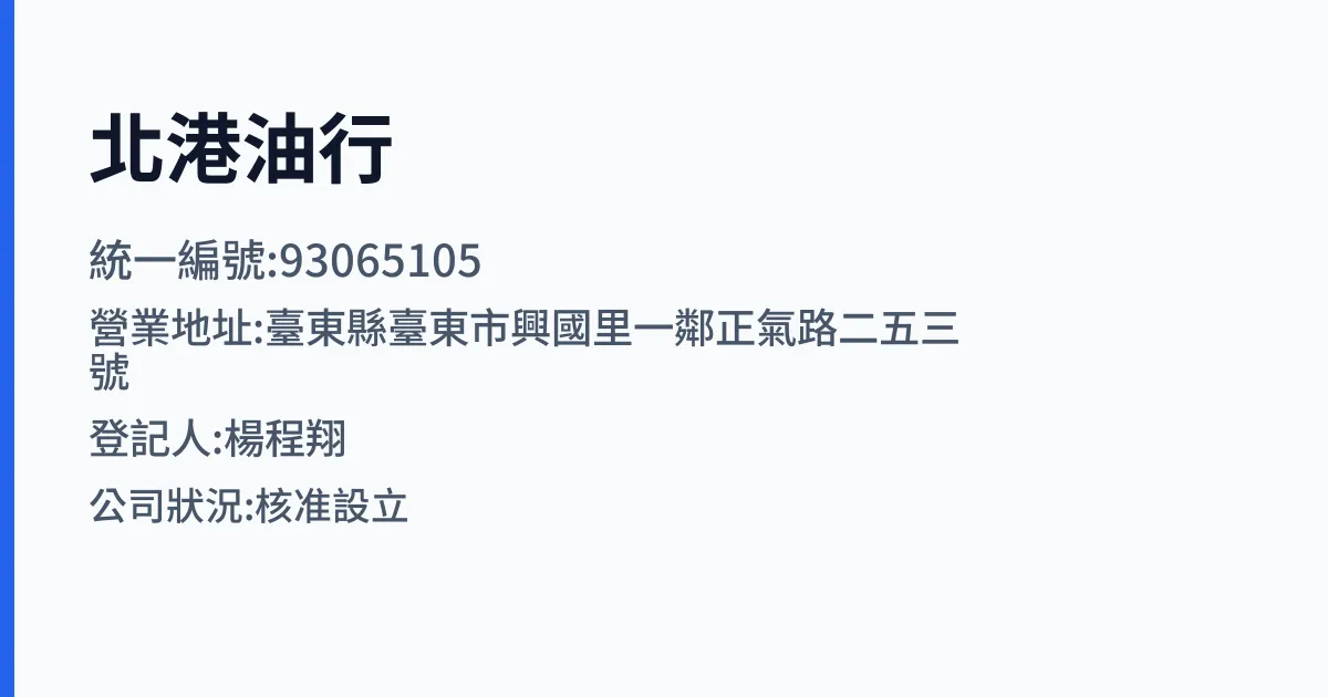北港油行 - 統編 93065105(臺東縣) 公司登記資料與營業項目詳細圖表