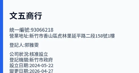 文五商行的照片-統編 93066218(新竹市) 公司登記資料與營業項目詳細圖表