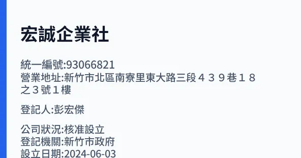宏誠企業社的照片-統編 93066821(新竹市) 公司登記資料與營業項目詳細圖表