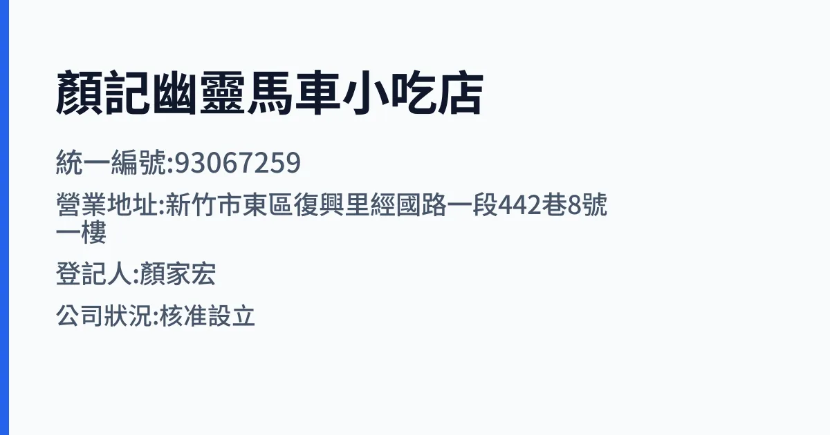 顏記幽靈馬車小吃店 - 統編 93067259(新竹市) 公司登記資料與營業項目詳細圖表