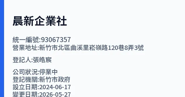 晨新企業社的照片-統編 93067357(新竹市) 公司登記資料與營業項目詳細圖表