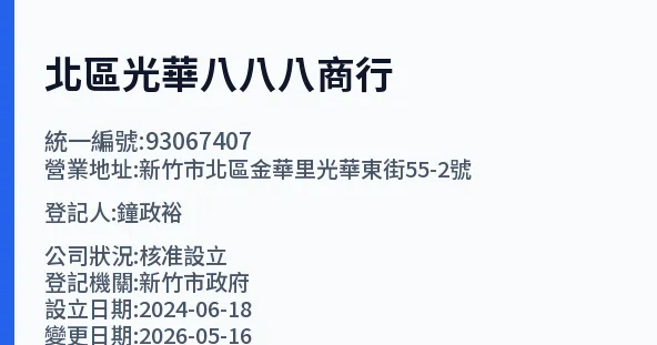 北區光華八八八商行的照片-統編 93067407(新竹市) 公司登記資料與營業項目詳細圖表
