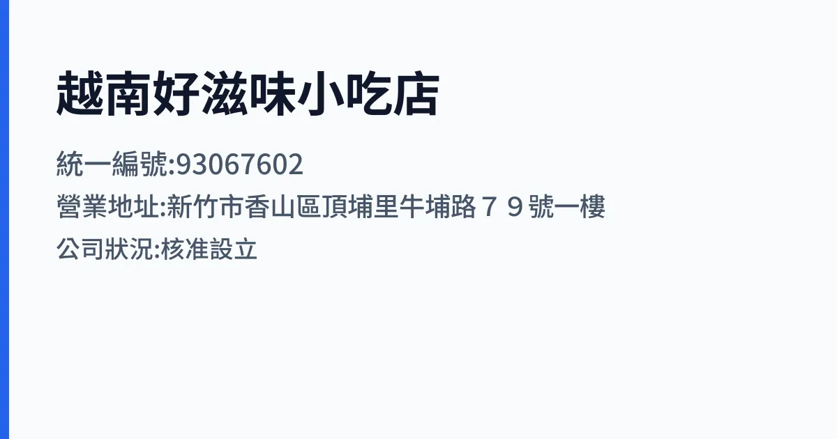 越南好滋味小吃店 - 統編 93067602(新竹市) 公司登記資料與營業項目詳細圖表