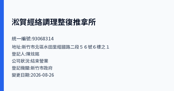 淞賀經絡調理整復推拿所的照片-統編 93068314(新竹市) 公司登記資料與營業項目詳細圖表