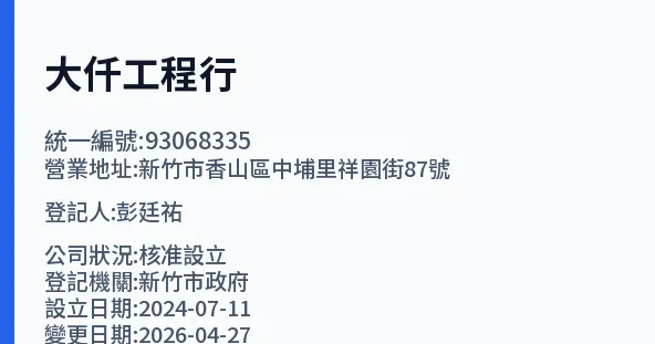 大仟工程行的照片-統編 93068335(新竹市) 公司登記資料與營業項目詳細圖表