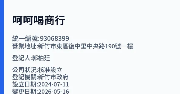 呵呵喝商行的照片-統編 93068399(新竹市) 公司登記資料與營業項目詳細圖表