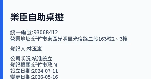 樂臣自助桌遊的照片-統編 93068412(新竹市) 公司登記資料與營業項目詳細圖表