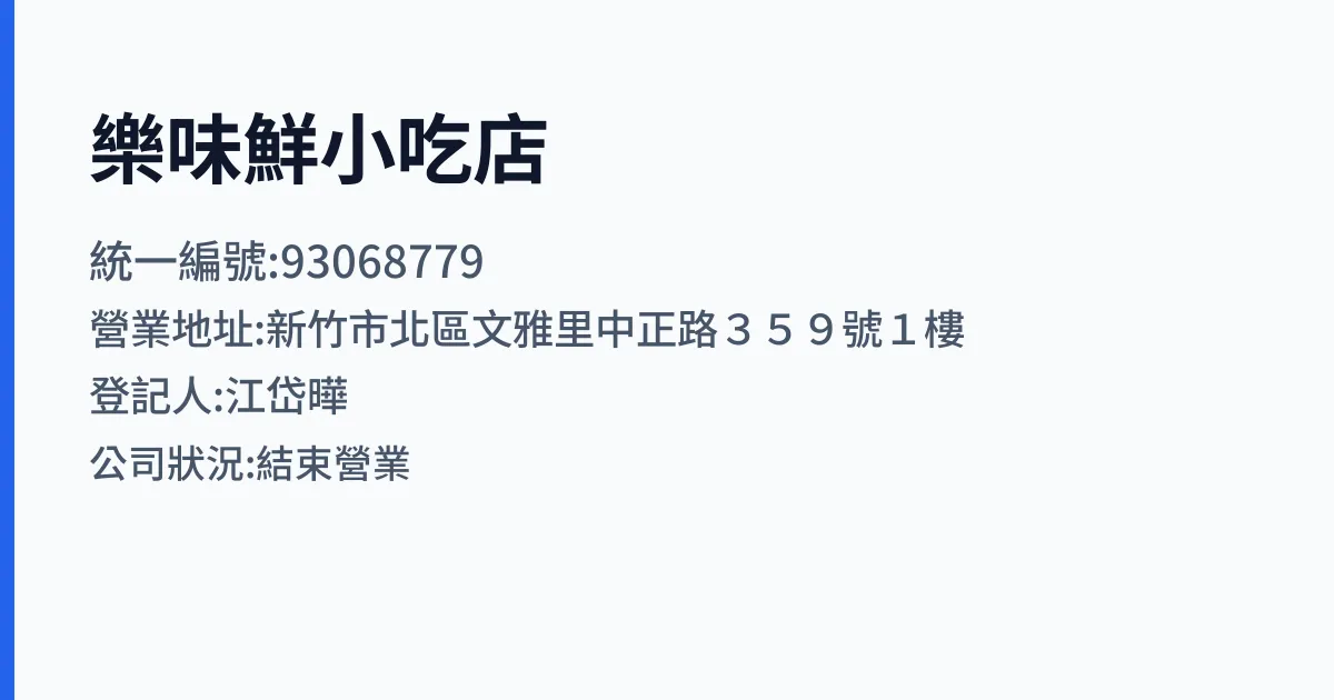 樂味鮮小吃店 - 統編 93068779(新竹市) 公司登記資料與營業項目詳細圖表
