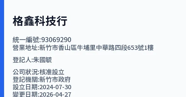 格鑫科技行的照片-統編 93069290(新竹市) 公司登記資料與營業項目詳細圖表