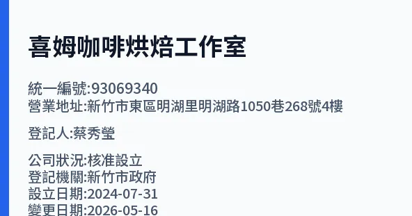 喜姆咖啡烘焙工作室的照片-統編 93069340(新竹市) 公司登記資料與營業項目詳細圖表
