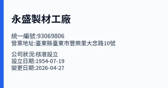 永盛製材工廠的照片-統編 93069806(臺東縣) 公司登記資料與營業項目詳細圖表