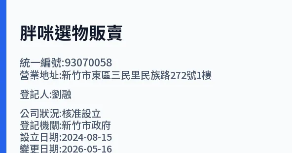 胖咪選物販賣的照片-統編 93070058(新竹市) 公司登記資料與營業項目詳細圖表