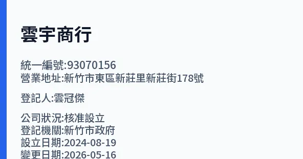 雲宇商行的照片-統編 93070156(新竹市) 公司登記資料與營業項目詳細圖表