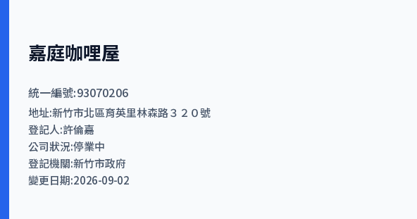 嘉庭咖哩屋的照片-統編 93070206(新竹市) 公司登記資料與營業項目詳細圖表