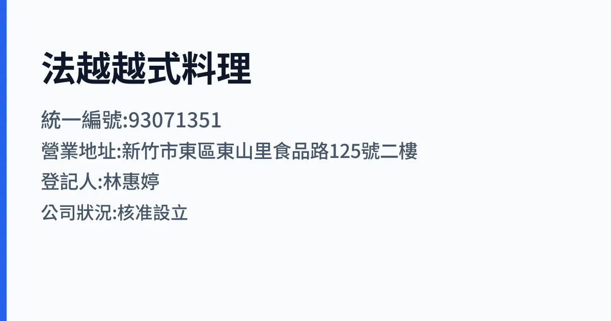 法越越式料理 - 統編 93071351(新竹市) 公司登記資料與營業項目詳細圖表