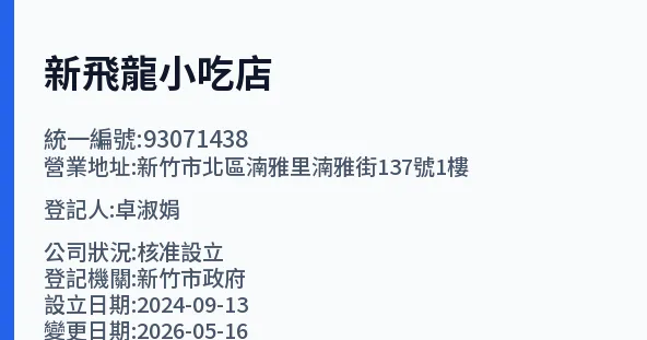 新飛龍小吃店的照片-統編 93071438(新竹市) 公司登記資料與營業項目詳細圖表