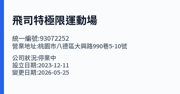 飛司特極限運動場的照片-統編 93072252(桃園市) 公司登記資料與營業項目詳細圖表