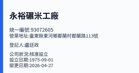 永裕碾米工廠的照片-統編 93072605(臺東縣) 公司登記資料與營業項目詳細圖表