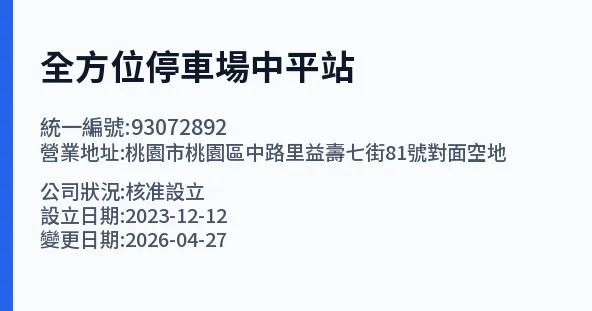 全方位停車場中平站的照片-統編 93072892(桃園市) 公司登記資料與營業項目詳細圖表