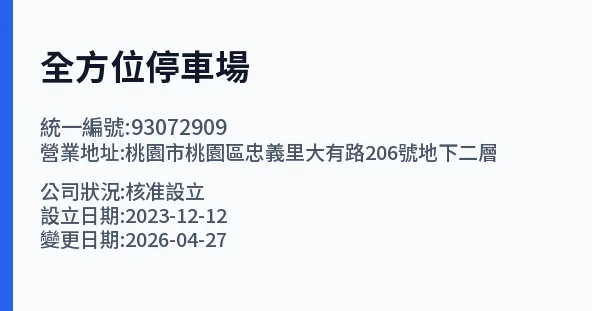 全方位停車場的照片-統編 93072909(桃園市) 公司登記資料與營業項目詳細圖表