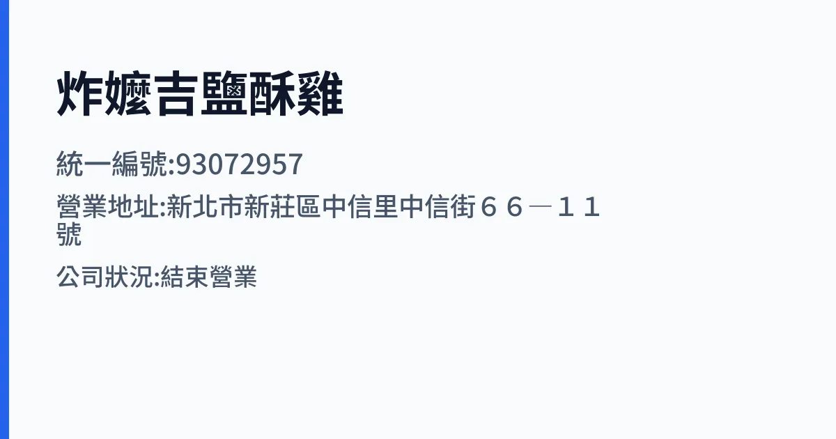 炸嬤吉鹽酥雞 - 統編 93072957(新北市) 公司登記資料與營業項目詳細圖表