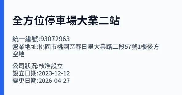 全方位停車場大業二站的照片-統編 93072963(桃園市) 公司登記資料與營業項目詳細圖表