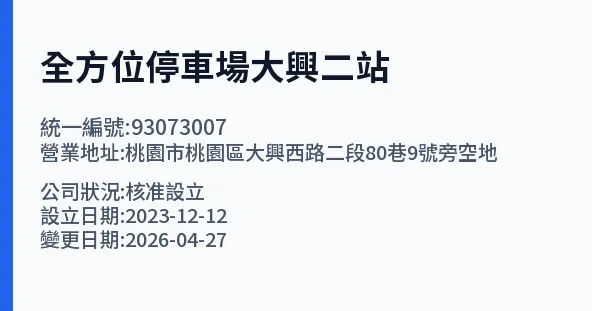全方位停車場大興二站的照片-統編 93073007(桃園市) 公司登記資料與營業項目詳細圖表