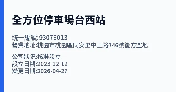 全方位停車場台西站的照片-統編 93073013(桃園市) 公司登記資料與營業項目詳細圖表