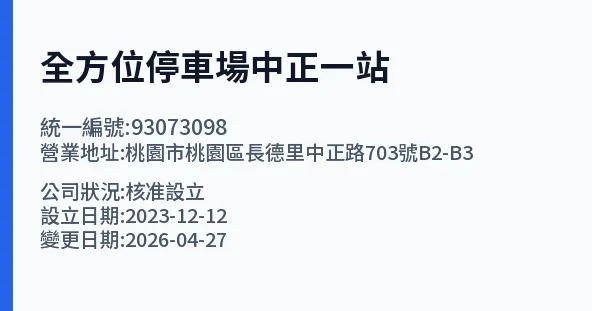 全方位停車場中正一站的照片-統編 93073098(桃園市) 公司登記資料與營業項目詳細圖表