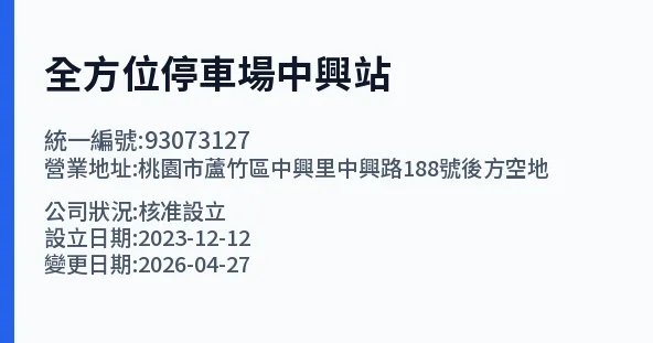 全方位停車場中興站的照片-統編 93073127(桃園市) 公司登記資料與營業項目詳細圖表