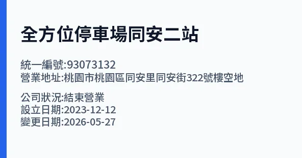 全方位停車場同安二站的照片-統編 93073132(桃園市) 公司登記資料與營業項目詳細圖表