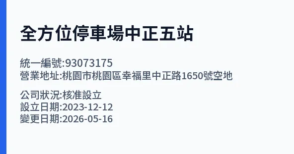 全方位停車場中正五站的照片-統編 93073175(桃園市) 公司登記資料與營業項目詳細圖表