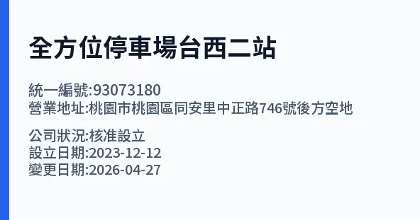 全方位停車場台西二站的照片-統編 93073180(桃園市) 公司登記資料與營業項目詳細圖表