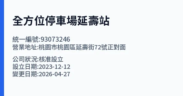 全方位停車場延壽站的照片-統編 93073246(桃園市) 公司登記資料與營業項目詳細圖表