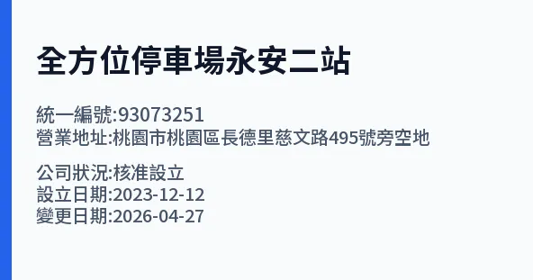 全方位停車場永安二站的照片-統編 93073251(桃園市) 公司登記資料與營業項目詳細圖表