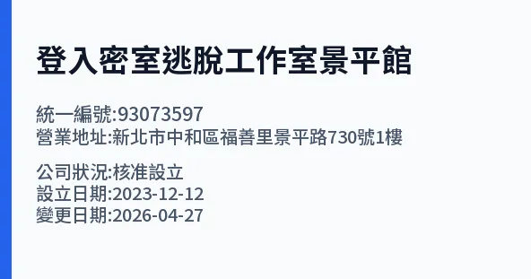 登入密室逃脫工作室景平館的照片-統編 93073597(新北市) 公司登記資料與營業項目詳細圖表