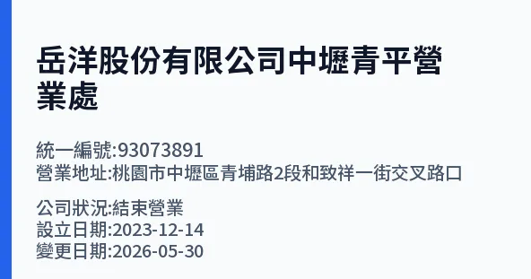 岳洋股份有限公司中壢青平營業處的照片-統編 93073891(桃園市) 公司登記資料與營業項目詳細圖表