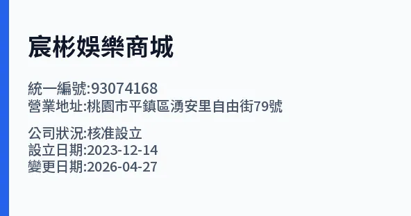 宸彬娛樂商城的照片-統編 93074168(桃園市) 公司登記資料與營業項目詳細圖表