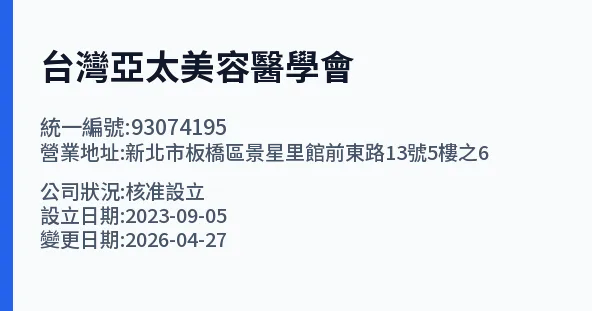 台灣亞太美容醫學會的照片-統編 93074195(新北市) 公司登記資料與營業項目詳細圖表