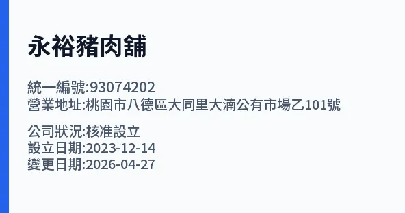 永裕豬肉舖的照片-統編 93074202(桃園市) 公司登記資料與營業項目詳細圖表