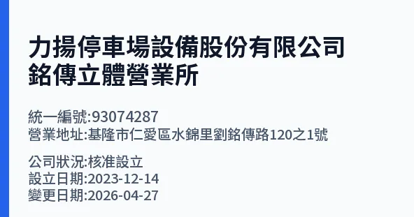 力揚停車場設備股份有限公司銘傳立體營業所的照片-統編 93074287(基隆市) 公司登記資料與營業項目詳細圖表