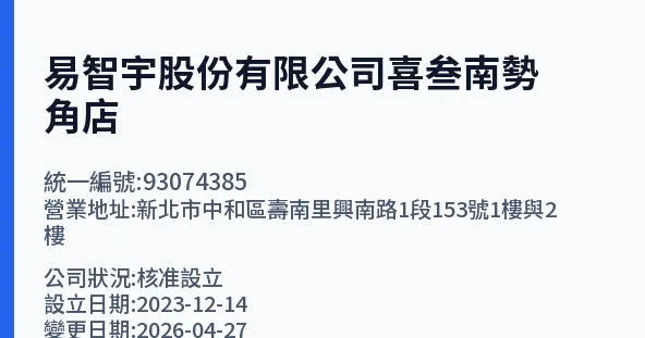 易智宇股份有限公司喜叁南勢角店的照片-統編 93074385(新北市) 公司登記資料與營業項目詳細圖表