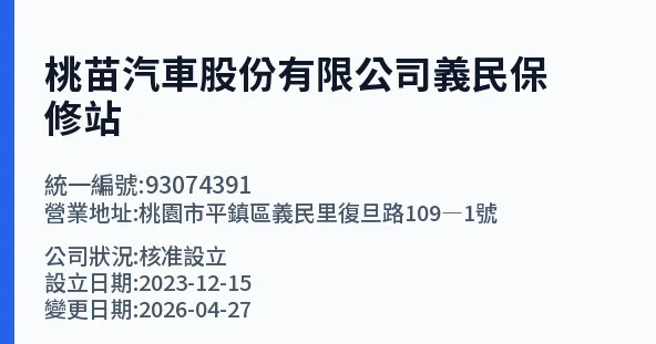 桃苗汽車股份有限公司義民保修站的照片-統編 93074391(桃園市) 公司登記資料與營業項目詳細圖表