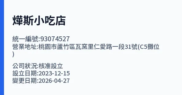 燁斯小吃店的照片-統編 93074527(桃園市) 公司登記資料與營業項目詳細圖表