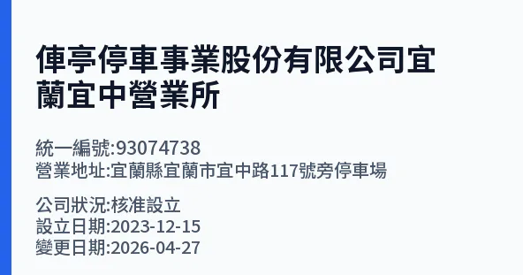 俥亭停車事業股份有限公司宜蘭宜中營業所的照片-統編 93074738(宜蘭縣) 公司登記資料與營業項目詳細圖表