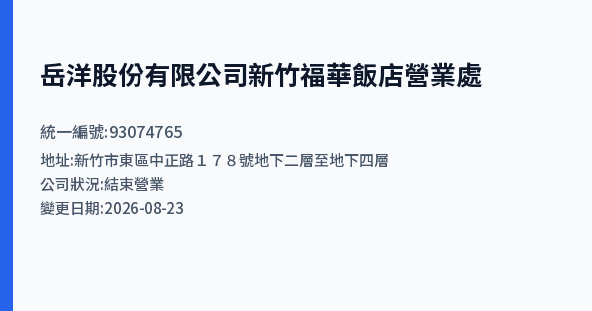 岳洋股份有限公司新竹福華飯店營業處的照片-統編 93074765(新竹市) 公司登記資料與營業項目詳細圖表