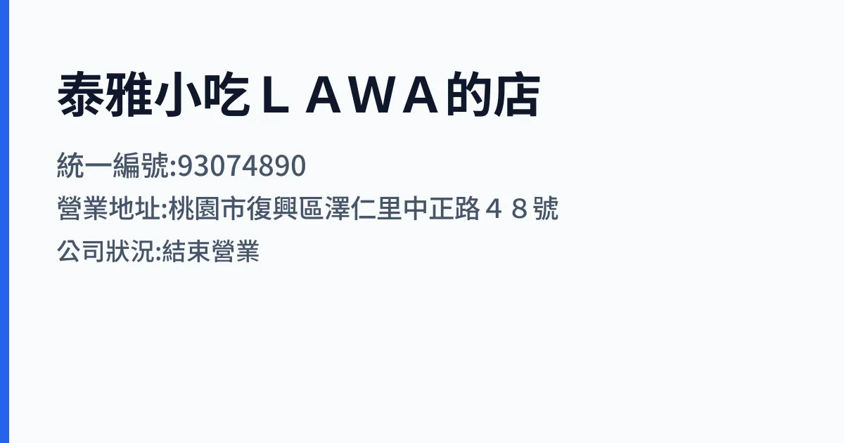 泰雅小吃ＬＡＷＡ的店 - 統編 93074890(桃園市) 公司登記資料與營業項目詳細圖表
