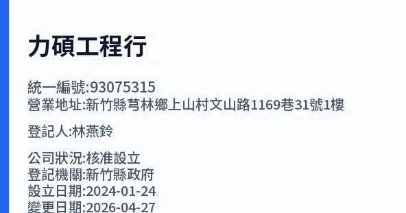 力碩工程行的照片-統編 93075315(新竹縣) 公司登記資料與營業項目詳細圖表